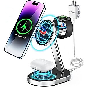 Aluminum Alloy 3 in 1 Magnetic Wireless Charging Station,Fast Wireless Charging Compatible with Magsafe Charger Stand for iPhone 14 13 12 Pro/Pro Max/Mini/14 Plus,Apple Watch 8 7 SE 6 5 4 3 2,Airpods