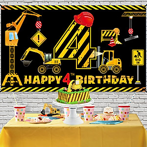 Construction 4th Birthday Banner Decorations for Boys Kids, Dump Truck Construction Theme Four Birthday Backdrop Party Supplies, Excavator Crane Digger Four Year Old Poster Sign