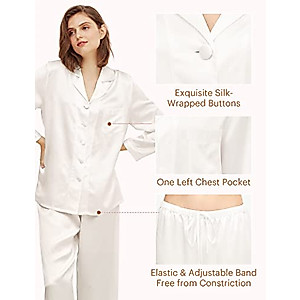 LilySilk Silk Pajamas for Women Button Up Pajamas Set for Ladies Girls Soft Maternity Pajamas Birthday Bridal Party Gift for Christmas Anniversary Valentine's day, Natural White M