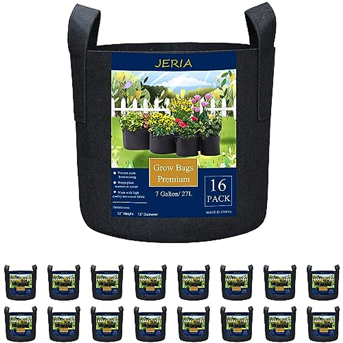JERIA 16-Pack 7 Gallon Grow Bags, Heavy Duty Thickened Nonwoven Fabric Pots Container with Reinforced Handles, Vegetable/Flower/Plant Grow Pots Come with 16 Pcs Plant Labels