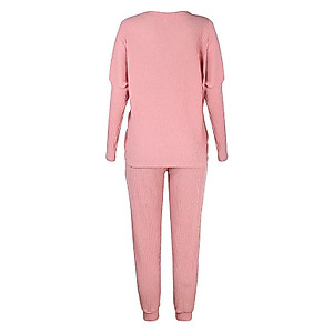 Sruiluo Two Piece Comfy Pjs Sets Crewneck Knitted Long Sleeve Sleepshirt and Drawstring Cinch Bottom Pants Casual Homewear Pink
