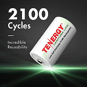 Tenergy Centura Lite 1.2V NiMH Rechargeable D Battery, 3000mAh Low Self Discharge D Cell Batteries, Pre-Charged D Size Battery, UL Certified, 4 Pack