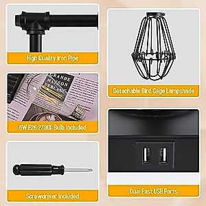 Lodstob Steampunk Lamp, Fully Stepless Dimmable Industrial Table Lamp with Dual USB Ports, Vintage Rustic Desk Lamp for Bedroom, Office, Living Room (Bulb Included)