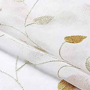Fragrantex White Gold Leaf Embroidered Sheer Valance 15 Inches Floral Small Cafe Curtain for Kitchen Short Silver Curtain for Bay Window Bathroom and Living Room 56" Wx15 L Golden Yellow Rod Pocket