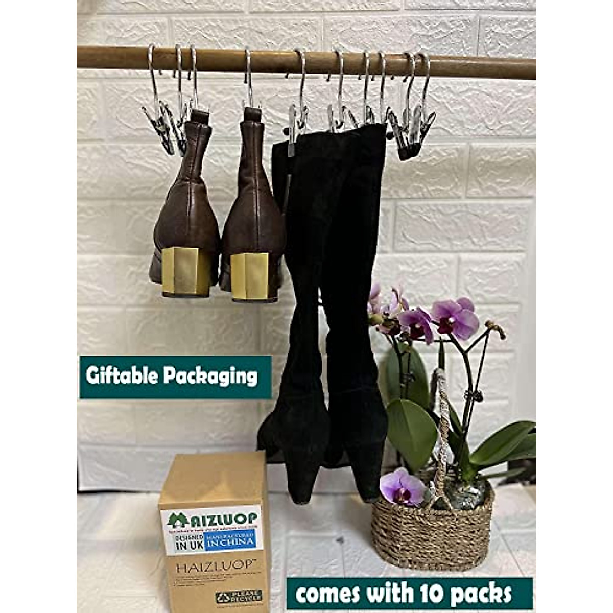 HAIZLUOP Metal Clip Hangers,10 Pack Laundry Hooks with Clips, Multi Functional Space Saving Boot Hangers for Tall Boots, Jeans, Food Packages,Towels, Chrome
