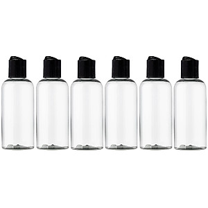 ljdeals 4 oz Clear Plastic Empty Bottles with Black Disc Top Caps, Refillable Cosmetic Containers for Shampoo, Lotions, Cream and more Pack of 6, BPA Free, Made in USA