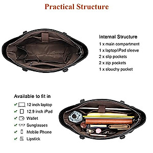 Over Earth Women Leather Handbags Genuine Leather Tote Shoulder Bag with Multi Pockets(O105E UG Black)