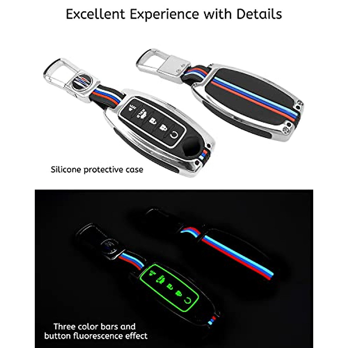 Key Fob Cover with Key Chain Only Fit for Nissan 5 Buttons Smart Key, Soft Silicone Full Protection and Metal Shell Smart Key Case, Silver