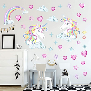 Rainbow Unicorn Wall Decals Gifts for Kids Decor with Hearts Girls Room Wall Stickers Nursery Vinyl Polka Bedroom (2PCS)