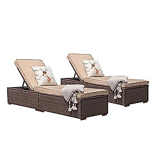 Patiorama Patio Chaise Lounge Chair, Sun Lounger, Outdoor Pool Beach Brown PE Rattan Wicker Reclining Chair W/Adjustable Backrest, Weather Cover, and Removable Cushion (Beige), Set of 2