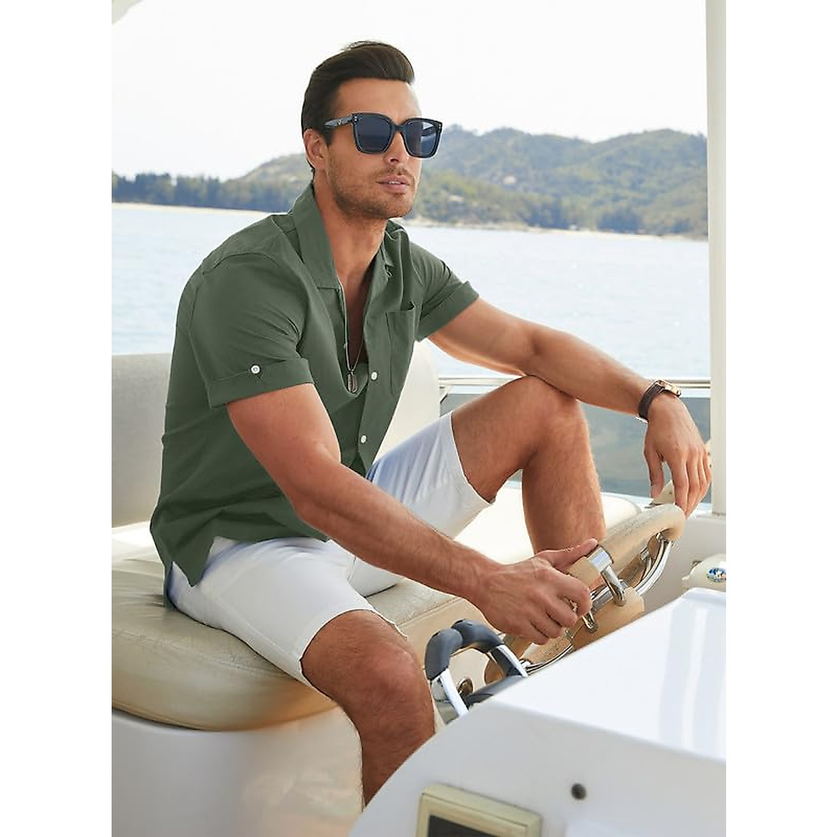 JMIERR Men's Linen Cotton Hawaiian Shirt, Casual Button Down Beach Wear, Cuban Collar Short Sleeve with Pocket - XL, Green