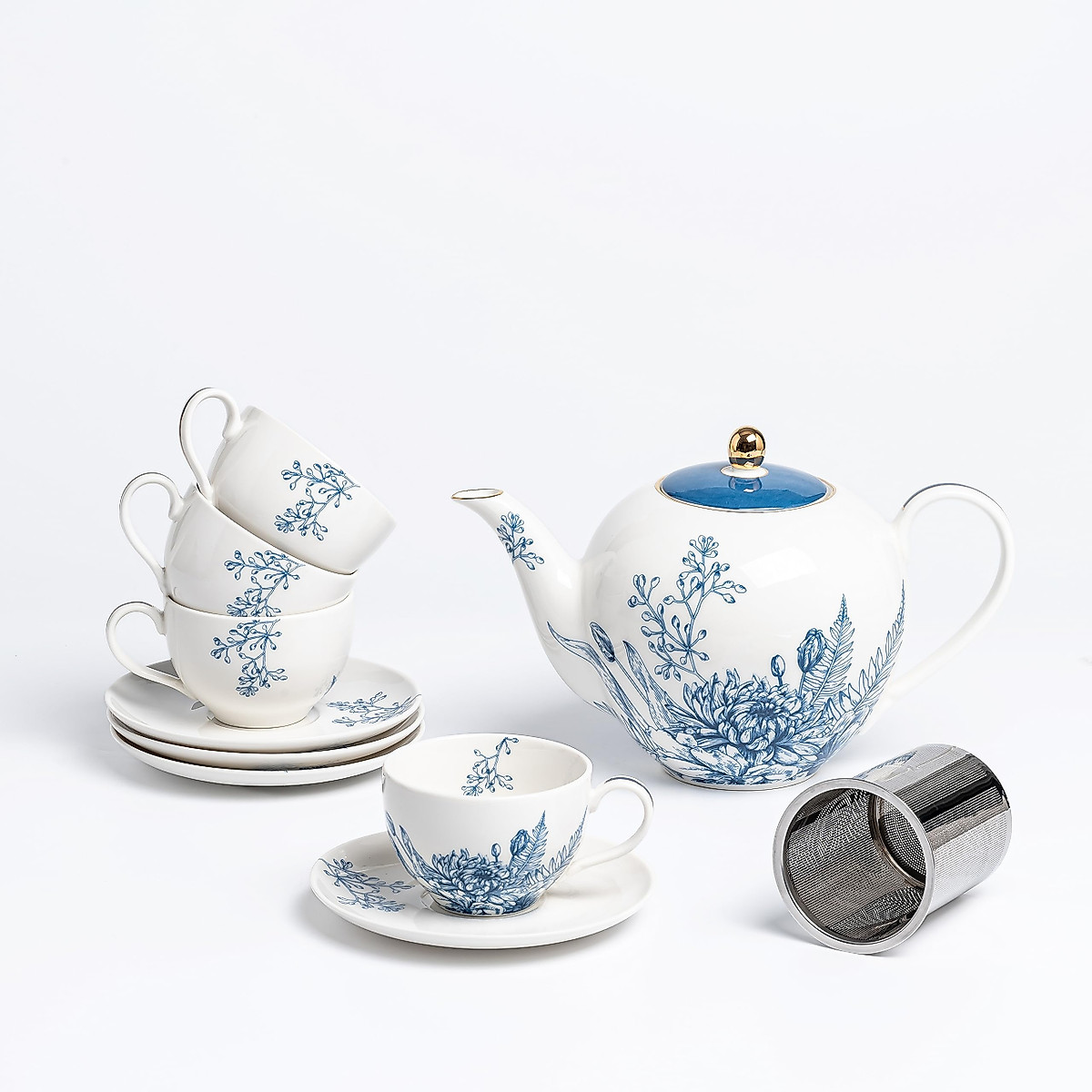 Taimei Teatime Porcelain Tea Set, 37oz Large Teapot with Infuser and Tea Cups and Saucers Set in European Style with Floral Pattern, Tea Set Gift for Holidays，Blue and White Teapot Set for Adults