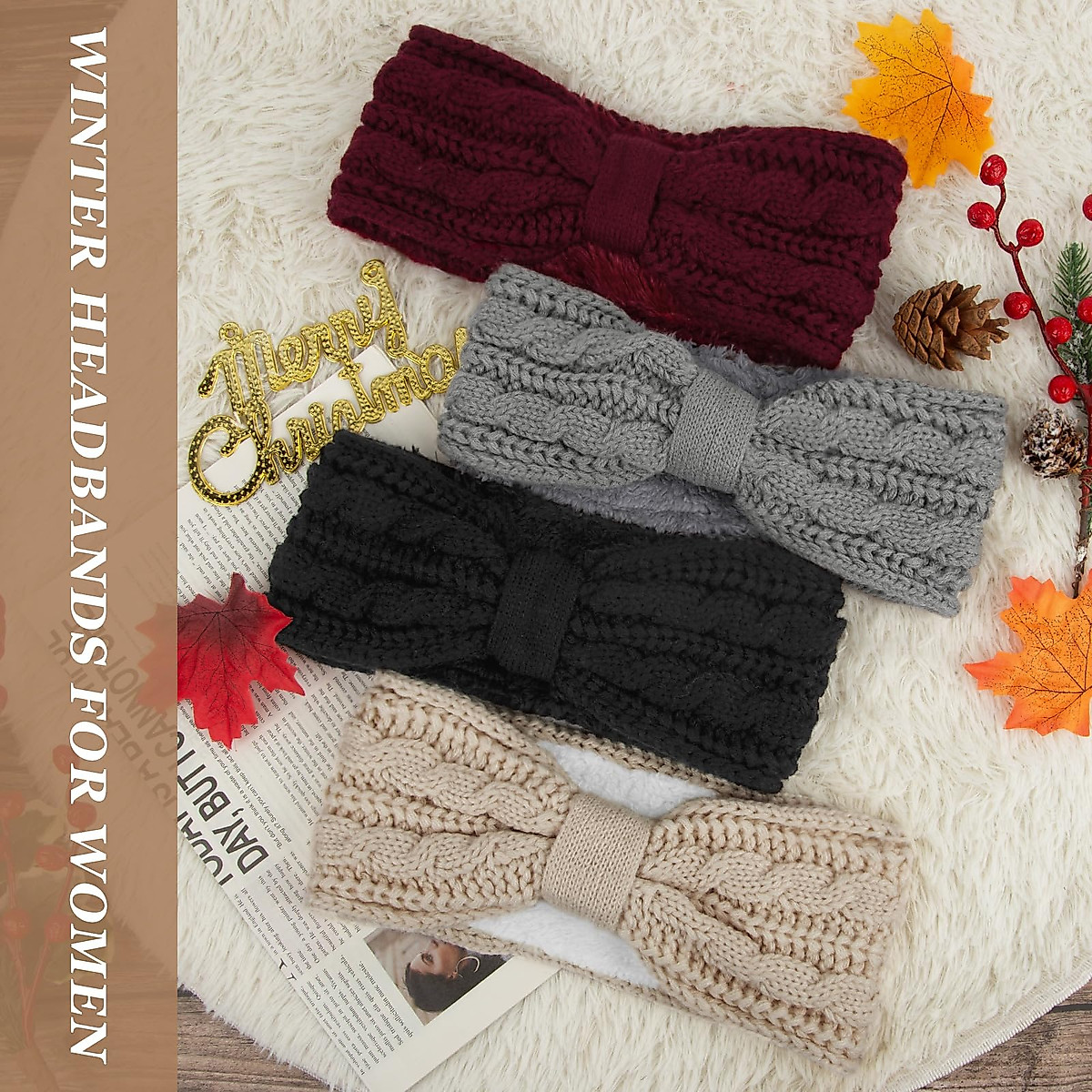 Warm Winter Headbands for Women Cable Crochet Turban Ear Warmer Headband Gifts with Plush, Double Twist Multicolour 1(4 Pack)