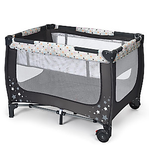 HONEY JOY Pack and Play, Foldable Baby Playard with Bassinet, Lightweight Installation-Free Travel Baby Crib from Newborn to Toddlers, Portable Nursery Center w/Lockable Wheels & Carry Bag(Gray)