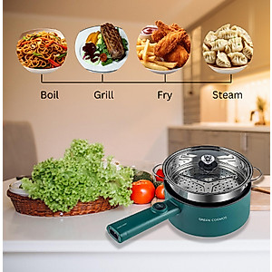 Green Hot Pot Electric with Steamer, Multi-function Cooker, 1.8L Noodle cooker Non-Stick Frying Pan, Electric Pot for Pasta with Adjustable Temprature Control, Over-Heating & Boil Dry Protection