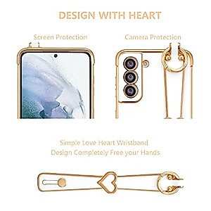 ZTOFERA Designed for Samsung Galaxy S21 Plus 5G Case with Wristband,Plating Edge Love Hearts Pattern Hand Strap Finger Holder Kickstand Case,Soft Shockproof Cover for Girls Women,White