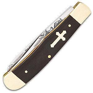 BUDK Salvation Trapper Pocket Knife – Dual Stainless Steel Blades, Laser Etched Artwork, Black Buffalo Horn Handle, Cross Inlay – Christian Gift Ideas - 4” Closed