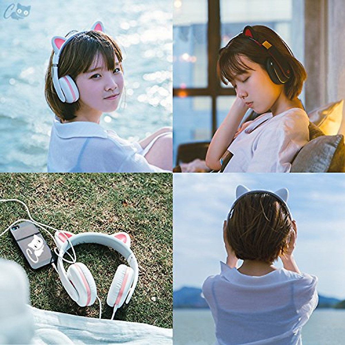 Censi Music Headset Headphone Creative Cat Ear Stereo Over-Ear Game Gaming Bass Headset Noise Canceling Headband Earphone with MIC Rechargeable Port for Bluetooth 4.0 Device (White, Blutooth)