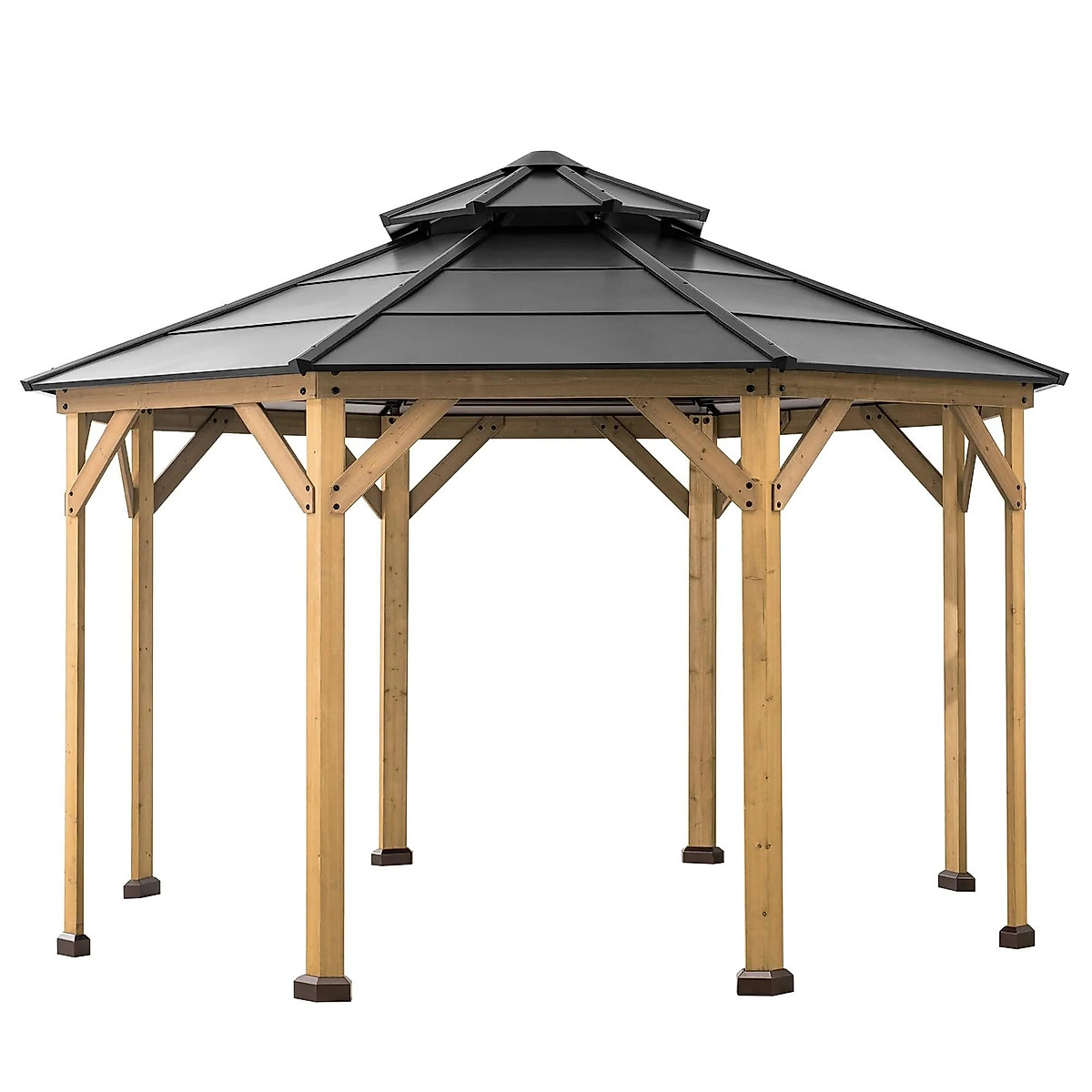 Sunjoy Ion Collection 13 x 13 ft. Cedar Framed Octagon Wood Gazebo with Brown Double Tiered Steel Hardtop Roof and Ceiling Hook for Garden, Backyard Shade