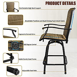 Bigroof Outdoor Swivel Bar Stools Set of 4, Bar Height Patio Chairs with Backs and Arms, All-Weather Textilene Padded Patio Furniture for Outdoor Porch, Deck, Yard, Lawn & Garden (4)