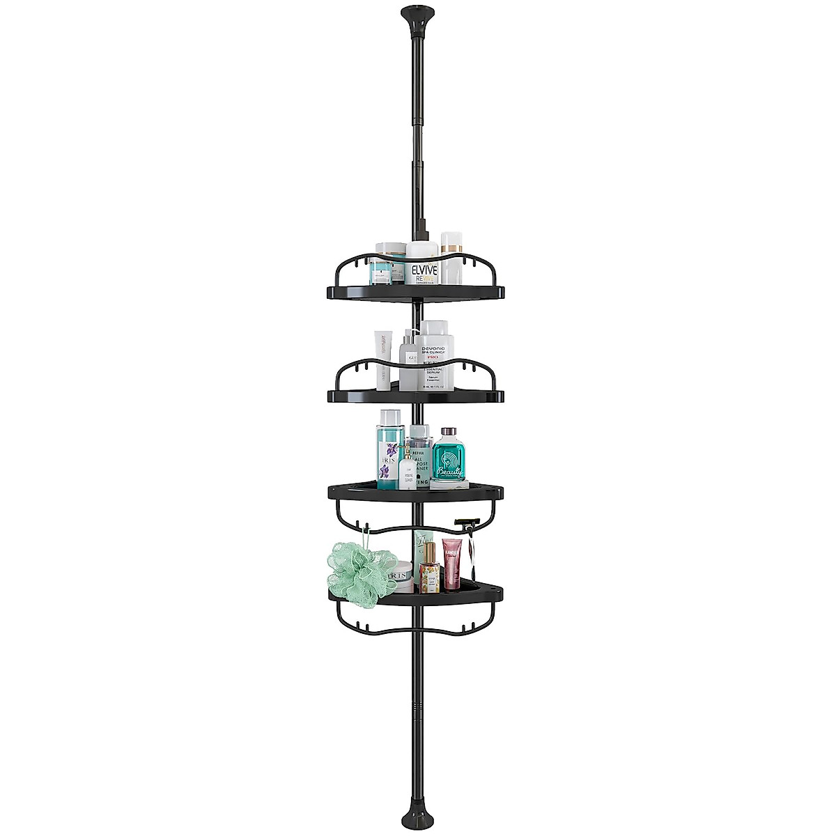 Shower Caddy Corner,39-125in Adjustable Tension Pole Shower Organizer for Bathroom,Rustproof Bathtub Storage Holder with 4 ABS Plastic Shelves for Insider Shower,Black