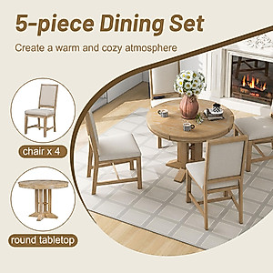 GINGVAT 5-Piece Farmhouse Style Extendable Round Dining Table Set,with 4 Upholstered Chairs,for Living Room,Kitchen, Natural Wood Wash