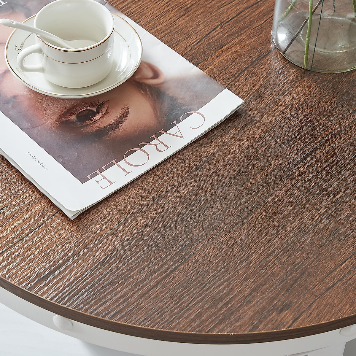 VINGLI 25.6" Rustic Oak White Round Farmhouse Coffee Table, 2-Tier Storage Wood Center Circle Accent Table for Living Room, Bedroom, Apartment, Studio and Small Spaces, Sturdy Metal Frame