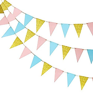 45 Pieces Gender Reveal Banner Garland Glitter Pink Blue Gold Triangle Pennant Flag Mint Coral Banner for Gender Reveal Party Baby Shower Wedding Birthday Party Decoration