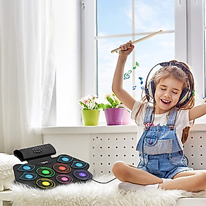 PAXCESS Portable 9 Pad Roll-Up Electronic Drum Set with Realistic Sounds, Foot Pedals, Drumsticks, Built-In Speaker, and Rechargeable Battery