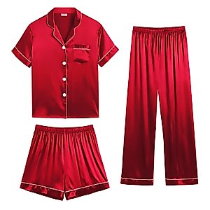 SWOMOG Womens 3pcs Pajamas Set Silk Satin Short Sleeve Sleepwear Button Down Loungewear Pjs Nightwear Red Medium