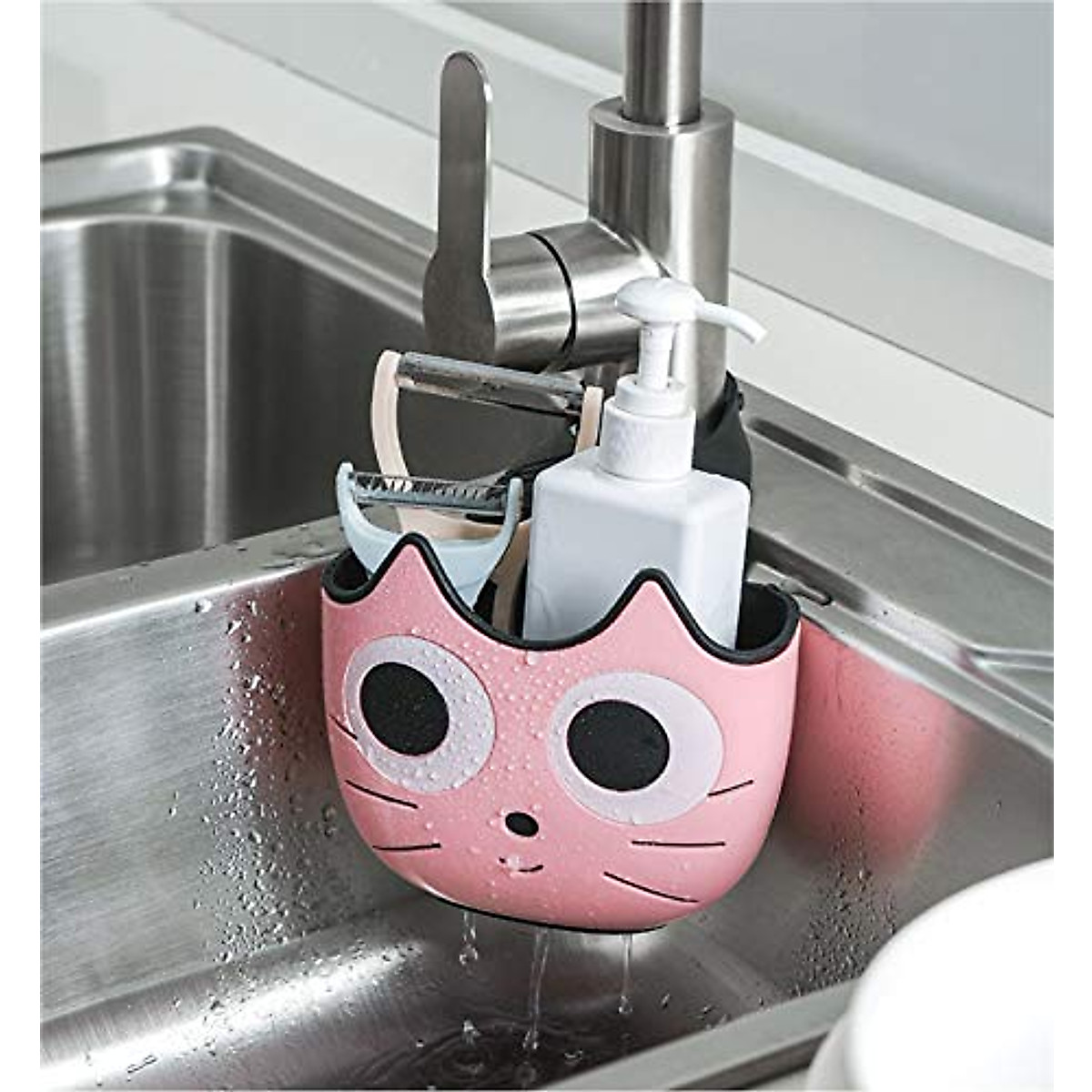 QTMY 2 PACK Sponge Holder Basket with Buckle,Sink Faucet Caddy Hanging Drain Rack, Gadget Soap Brush Desk Pen Organizer for Kitchen Bathroom,Pink Green
