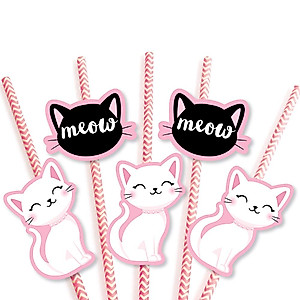Big Dot of Happiness Purr-fect Kitty Cat - Paper Straw Decor - Kitten Meow Baby Shower or Birthday Party Striped Decorative Straws - Set of 24
