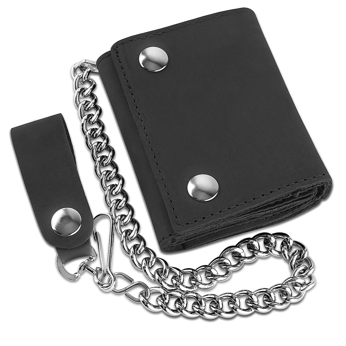 RFID Blocking Men's Tri-fold Vintage Biker Cowhide Leather Steel Chain Wallet,Snap closure, Made In USA,tc315-solid black