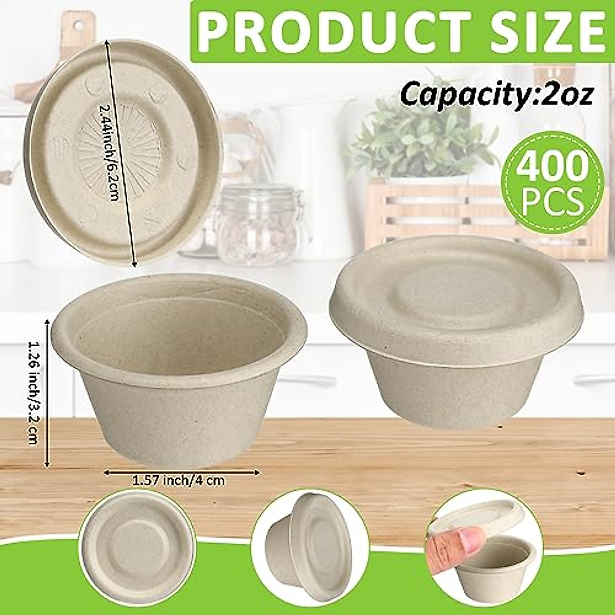 Hsei 400 Set 2oz Disposable Souffle Cups with Lids Bagasse Fiber Condiment Paper Cups Serving Sample Cups Mini Tasting Cups for Sauce Salad Snack Charcuterie Dessert Serving, Include 400 Cups 400 Lids