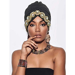 Woeoe Women African Turban Bling Rhinestones Beanie Cap Headwear Pre-Tied Crystal Head Wrap (Black)