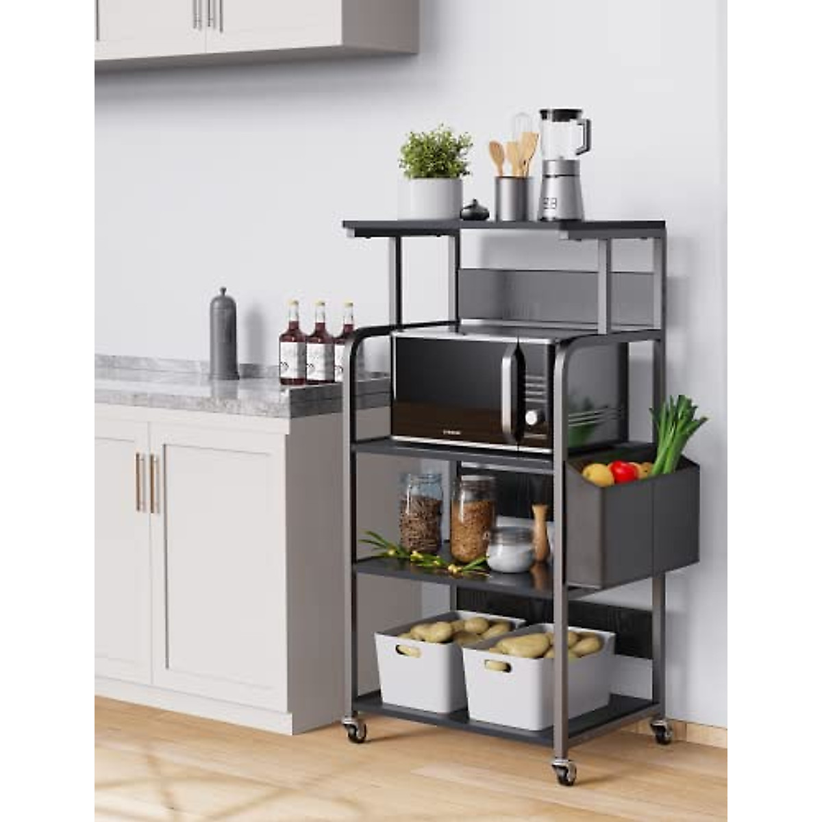4-Tier Home Kitchen Standing Shelf Cart W/ Storage and Lockable Wheels, Tall Mobile Rolling Rack with Large Storage Space for Home Kitchen, Versatile, Durable - Black