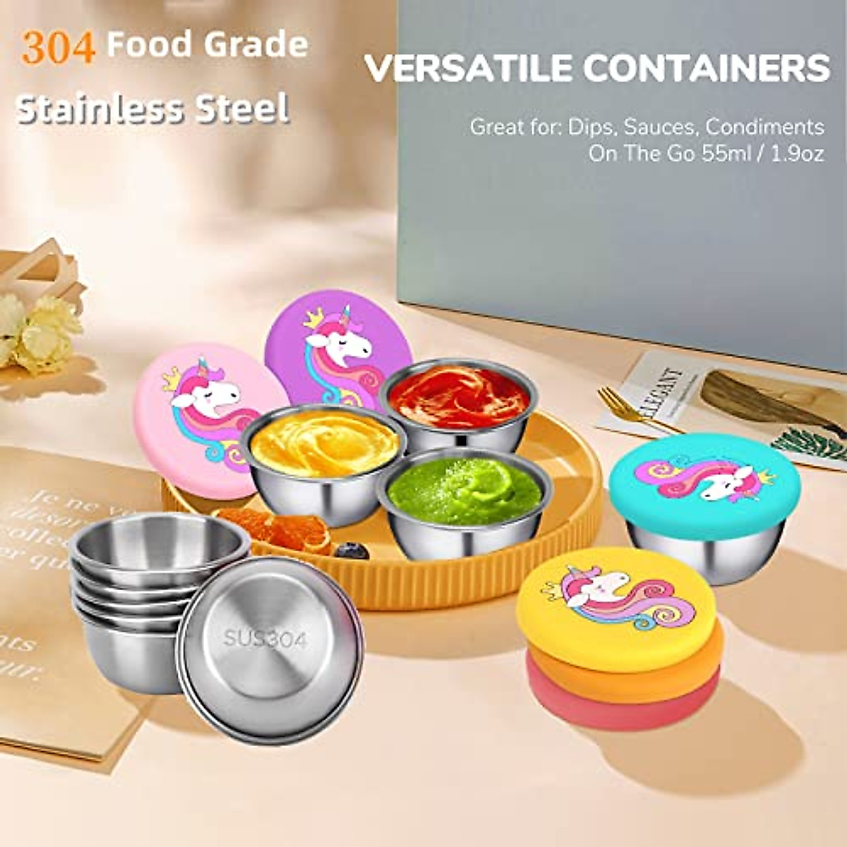 MAIGOZON Salad Dressing Containers To Go, Small Condiment Containers with Lids, Stainless Steel Condiment Cup with Unicorn Leakproof Silicone Lids for Girls Kids Lunch Bento Box, 6PCS