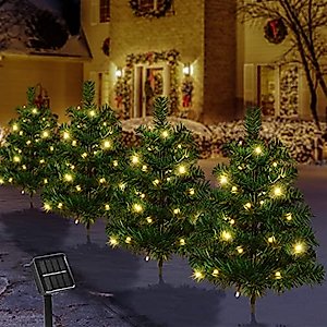 4-Pack Christmas Tree Solar Pathway Lights Outdoor Waterproof Garden Stake Lights Holiday Decor for Patio Yard Driveway