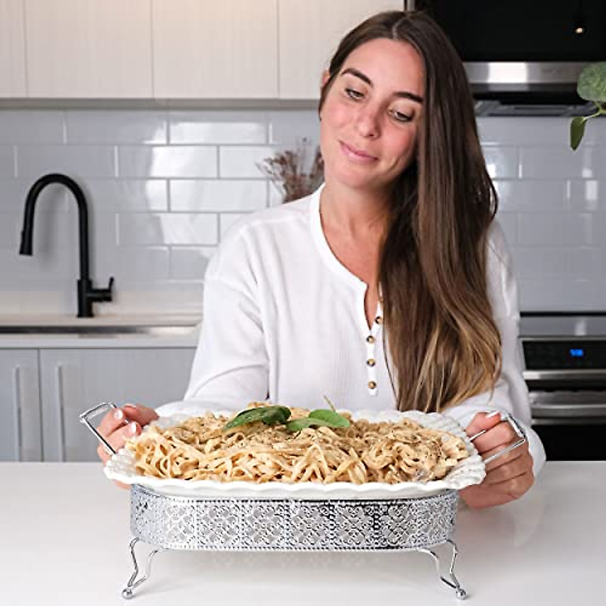 KASSEL Elegant Ceramic Serving Platter with Stand | Square Serving Trays for Entertaining Parties, Catering, and Buffet | Oven Safe Serving Tray and Dessert Display Decor Stand (Large)