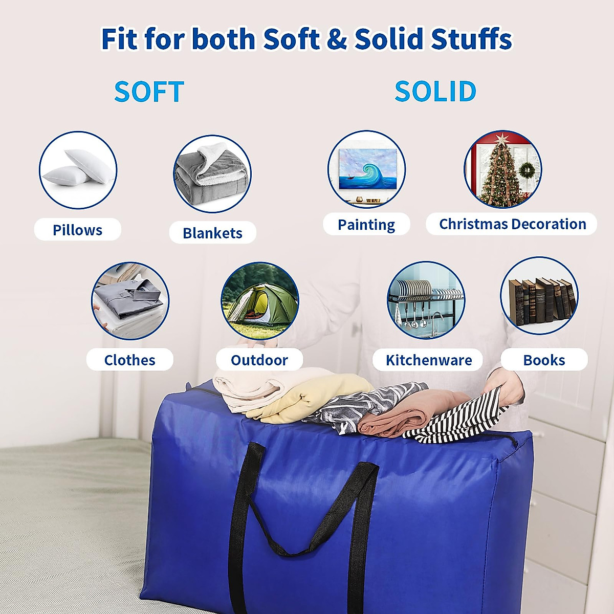 QINGXIANGZI Extra Large Moving Bags: 4 Pack Storage Totes - with Sturdy Zippers and Wrap-Around Handles for Moving Supplies and Space Saving - Blue