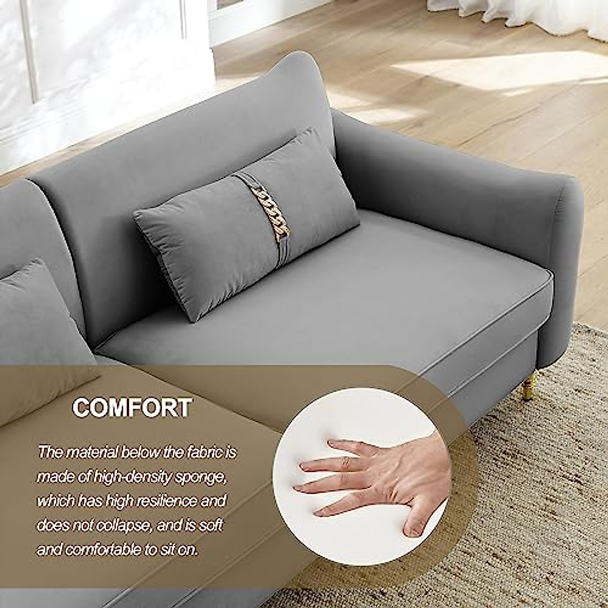 Goohome Tufted Couch, Chesterfield Velvet Upholstered 3-Seater Comfy Sofa, Living Room Furniture Sets, with Solid Wood Frame and Gold Legs, Fit for Bedroom, Office, A-Gray a