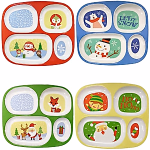 4E's Novelty Christmas Dinnerware Divided Plates For Kids (Set of 4) Melamine Plastic BPA Free Sectional Holiday Dinner Plates, Christmas Dishes for Toddlers