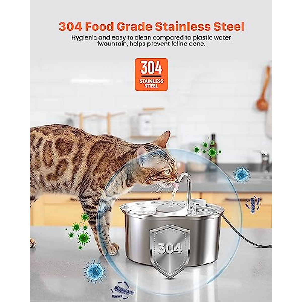 KOOGMOON Cat Water Fountain Stainless Steel, 108oz/3.2L Automatic Cat Fountain, Multi-Filtration, Easy to Clean, Ultra Silent Dog Water Dispenser for Cats, Dogs and Other Pets