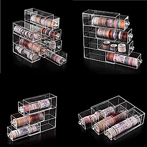 HomDSim 3 Drawers Acrylic Clear Washi Tape Box Organizer Storage,Divider Closet Container Holder for Cosmetic Makeup,for Ribbon,Sewing,Thread,Masking Tape,Roll Tape,Pencils,Cotton Ball, Cotton Swab