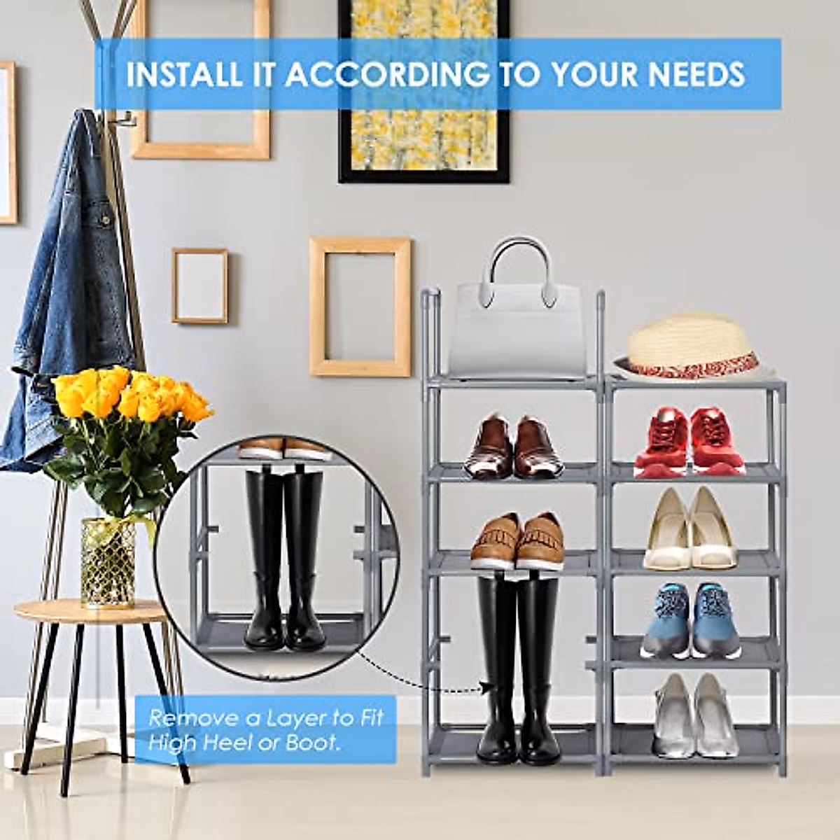 Hossejoy 10 Tier Shoe Rack, Metal Shoe Shelf Storage, Tall Vertical Storage Organizer Stand, Home Shoe Tower with Non-Woven Fabric for Narrow Space, Cloakroom, Entryway, Grocery Room (Grey)