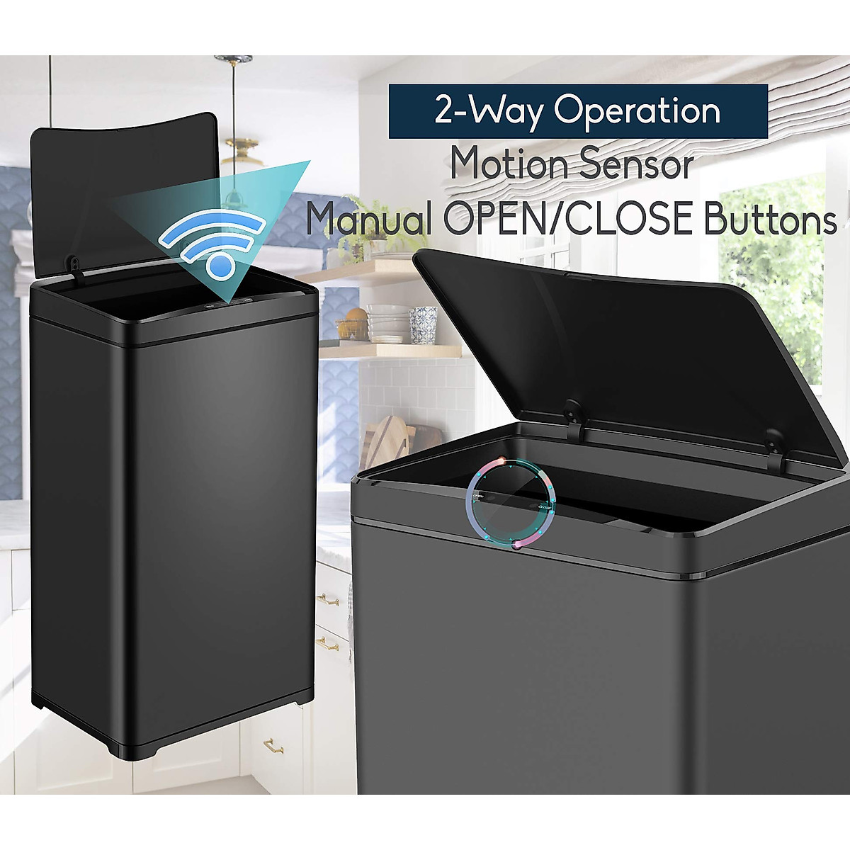 CozyBlock Automatic Trash Can for Kitchen, Black Steel Touchless Motion Sensor Bin, Wide Opening Soft Close Lid, LED Countdown Timer (13 Gallon)