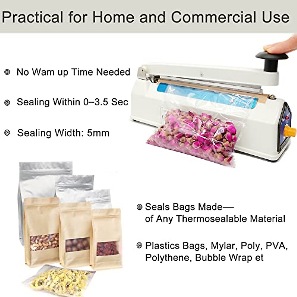 Impulse Sealer 8 Inch Heat Sealer for Plastic Bags, Plastic Mylar Bag Sealer, Iron Shell, Manual Poly Bag Heat Sealer Machine, 3mm Sealing, 4 Replacements Kit (2 Cutting Lines Included)