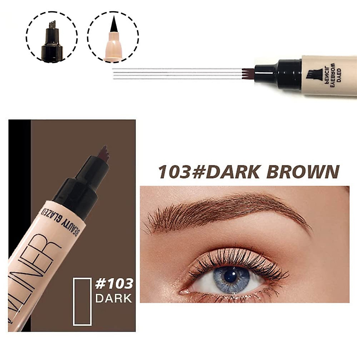 Timipoo 2 in 1 Waterproof Eyebrow Pencil, Tattoo Liquid Pencil with Eyeliner, Micro Fork Tip Applicator, Natural Hair-Like Makeup Precision All Day Wear (03# DARK BROWN)