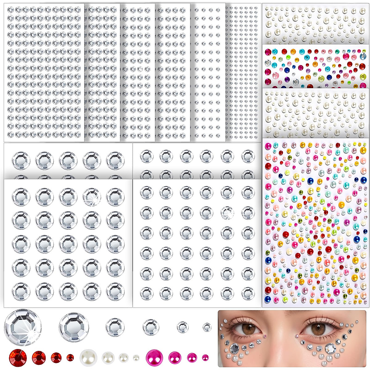 FANDAMEI 2672 PCS Face Gems, Self Adhesive Hair Gems Face Rhinestones Stickers, Face Jewels for Women, 3/4/5/6/8/10 mm Eye Gems Stickers, Hair Pearl Stickers, Rhinestones for Makeup, Face, Hair, Nail