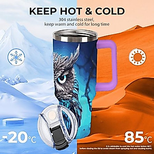 LLUTSNTH 40 Oz Vacuum Tumbler with Violet Handle Leakproof Insulated Tumbler Blue Owl Stainless Steel Travel Mug with Lid And Straw Coffee Cup Cute Water Bottles Cup Holder Friendly